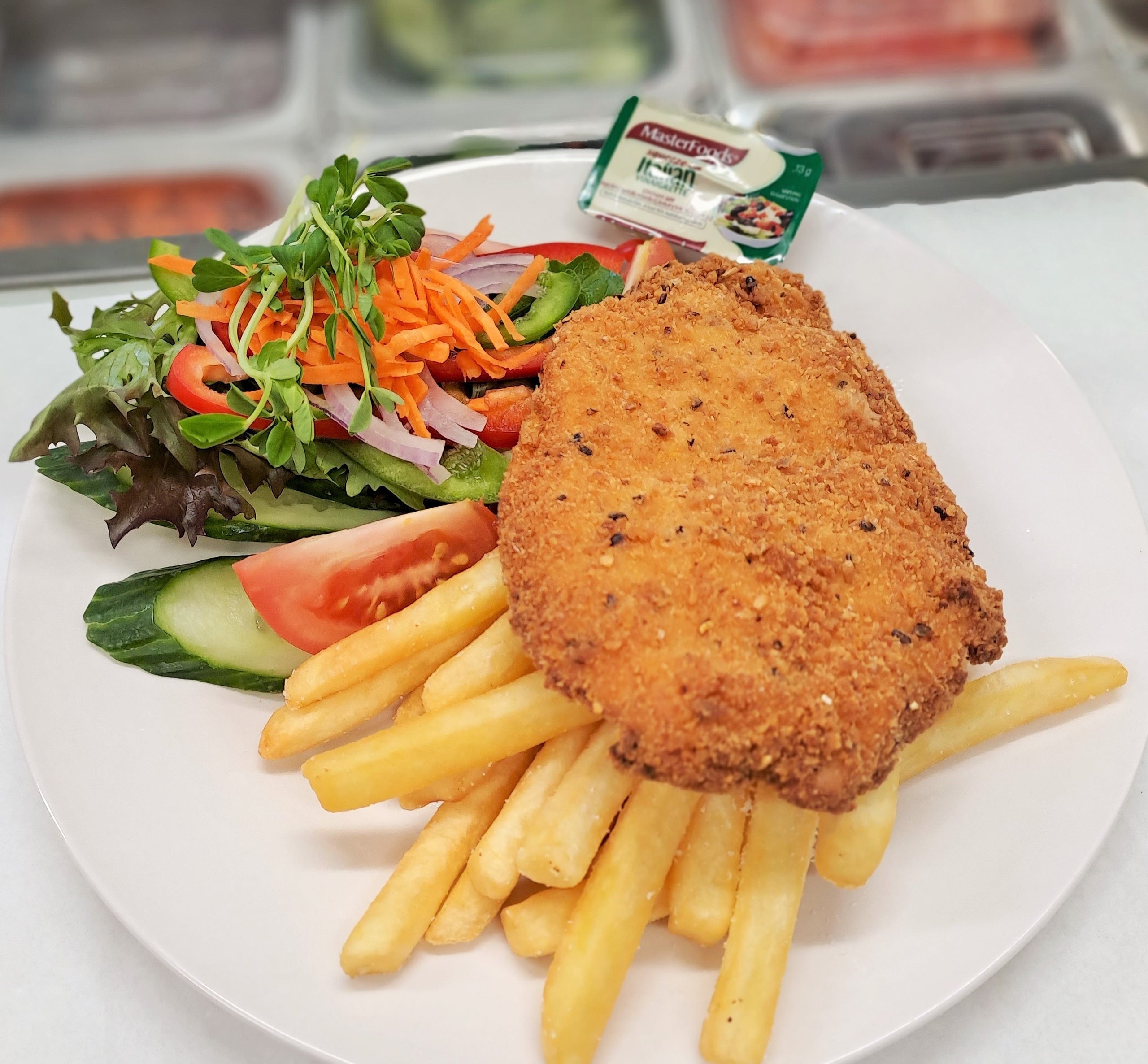 Chicken Schnitzel & Chips or Salad | Abacus Cafe Ordering